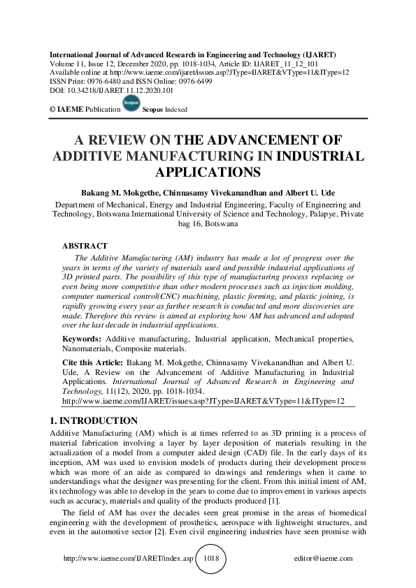 (PDF) A REVIEW ON THE ADVANCEMENT OF ADDITIVE MANUFACTURING IN ...