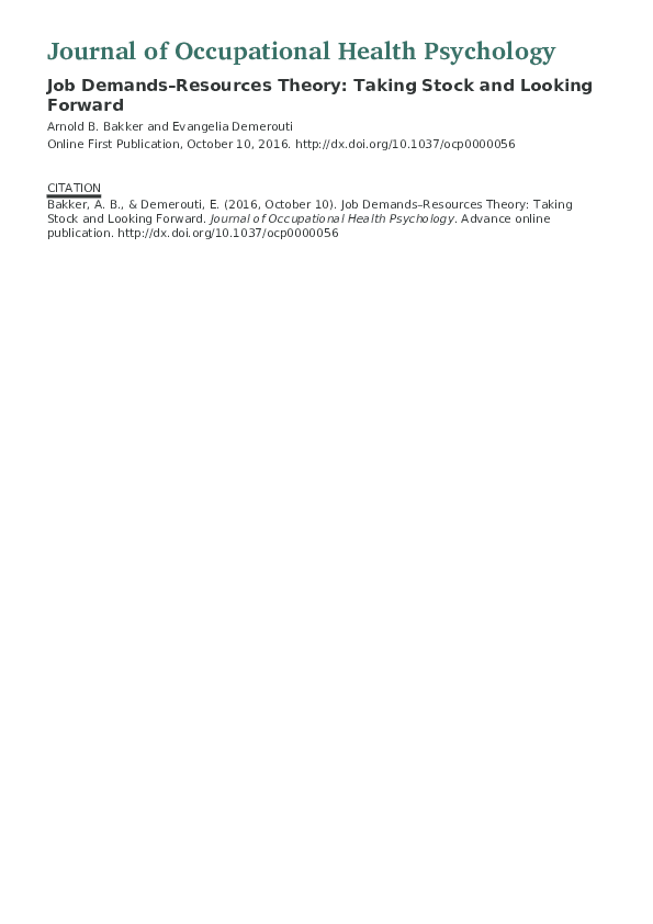 (PDF) Job Demands-Resources Theory: Taking Stock and Looking Forward