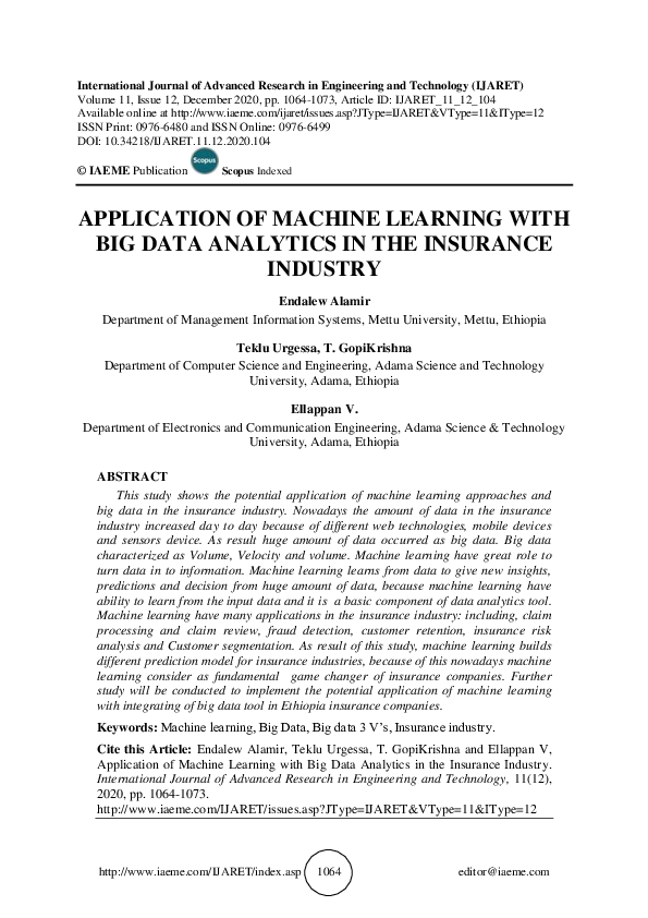 (PDF) APPLICATION OF MACHINE LEARNING WITH BIG DATA ANALYTICS IN THE ...