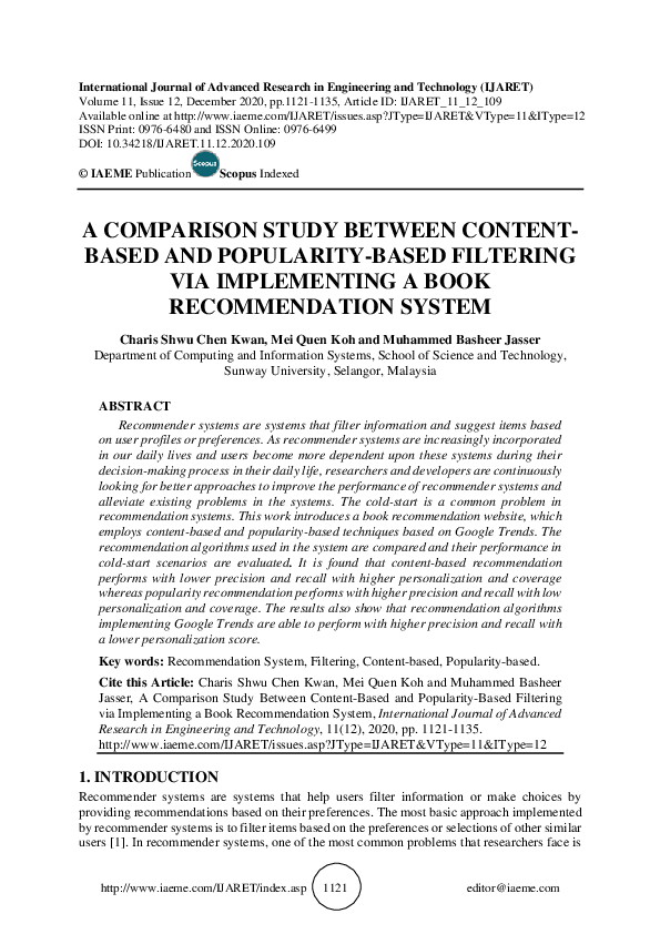 (PDF) A COMPARISON STUDY BETWEEN CONTENTBASED AND POPULARITY-BASED ...
