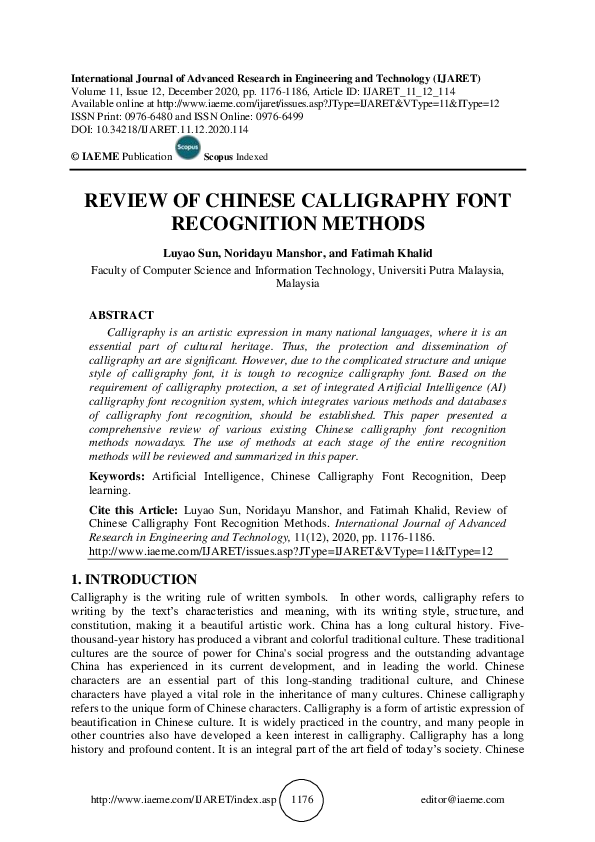 (PDF) REVIEW OF CHINESE CALLIGRAPHY FONT RECOGNITION METHODS