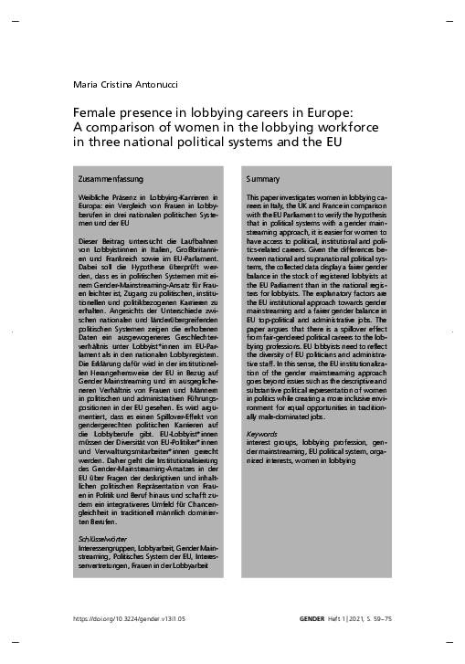 (PDF) Female presence in lobbying careers in Europe: A comparison of ...