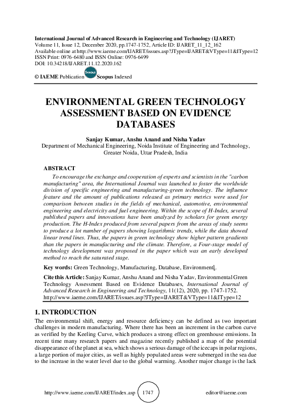 (PDF) ENVIRONMENTAL GREEN TECHNOLOGY ASSESSMENT BASED ON EVIDENCE ...