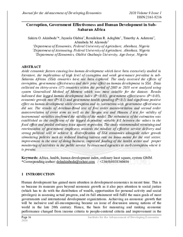 (DOC) Corruption, Government Effectiveness and Human Development in Sub ...