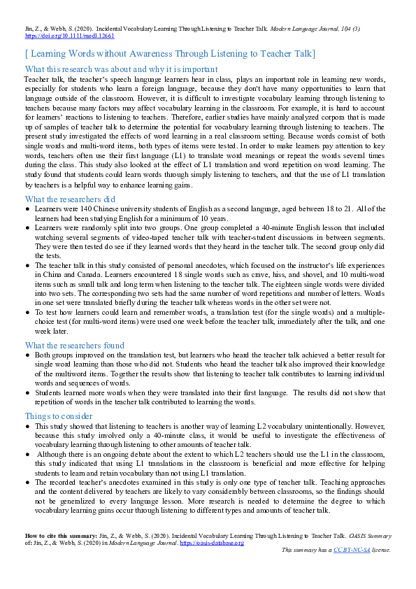 (DOC) Incidental Vocabulary Learning Through Listening to Teacher Talk