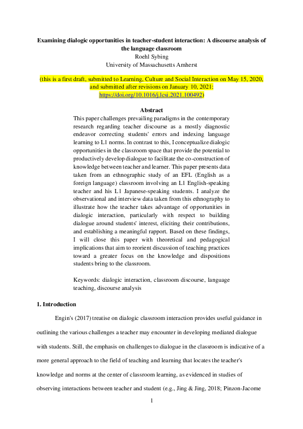 (PDF) Examining dialogic opportunities in teacher-student interaction: A discourse analysis of ...