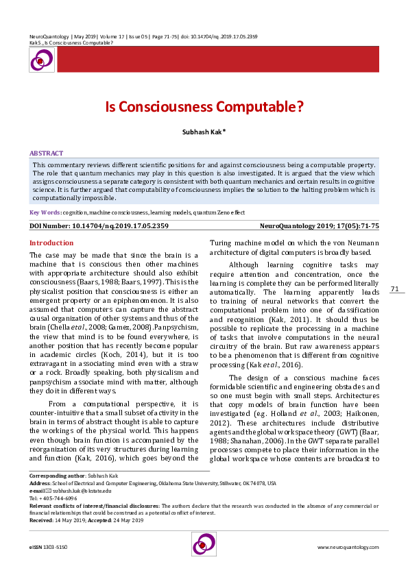 (PDF) Is Consciousness Computable?