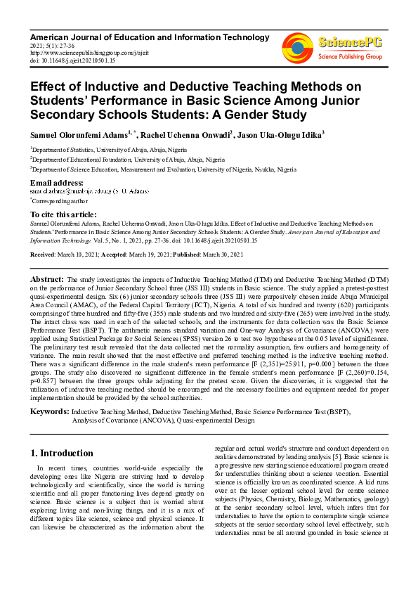 (PDF) Effect of Inductive and Deductive Teaching Methods on Students' Performance in Basic ...