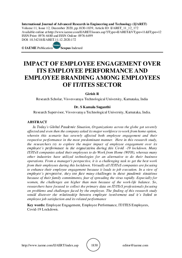 (PDF) IMPACT OF EMPLOYEE ENGAGEMENT OVER ITS EMPLOYEE PERFORMANCE AND ...
