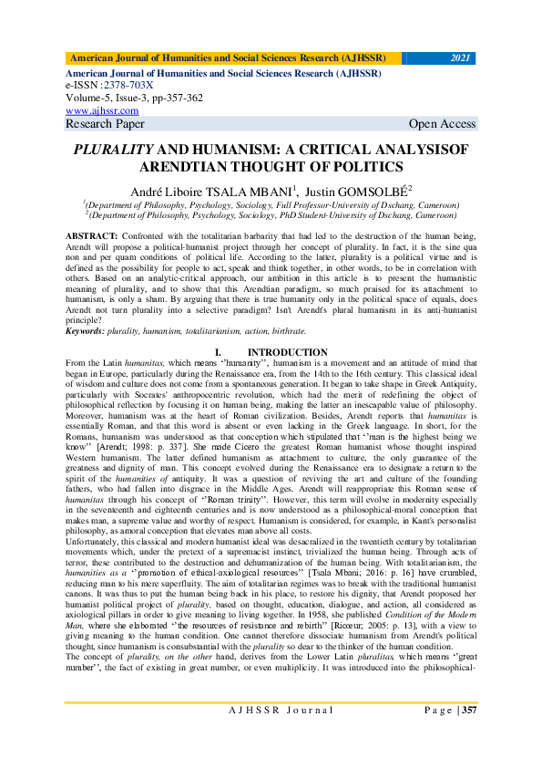 (PDF) PLURALITY AND HUMANISM: A CRITICAL ANALYSIS OF ARENDTIAN THOUGHT ...