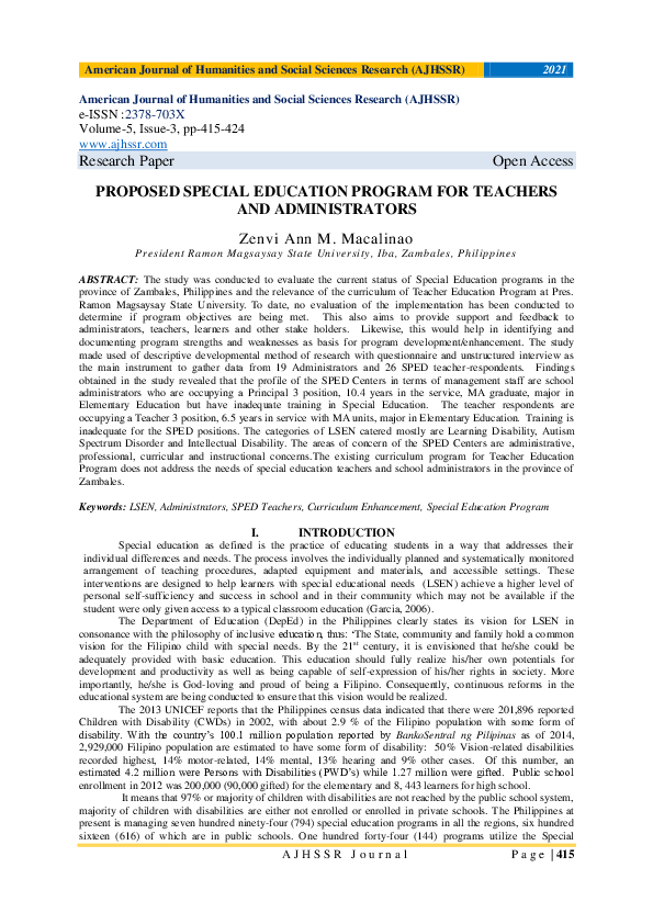 (PDF) PROPOSED SPECIAL EDUCATION PROGRAM FOR TEACHERS AND ADMINISTRATORS