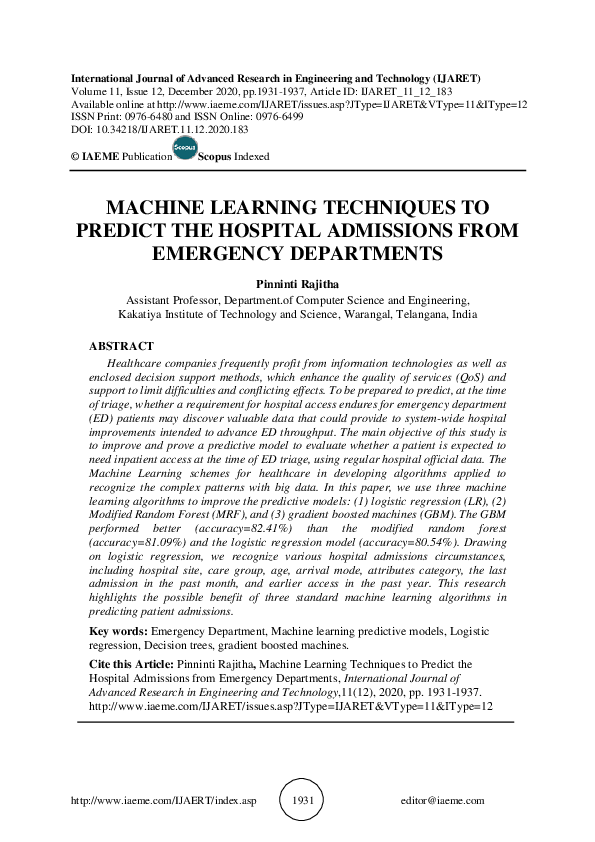 (PDF) MACHINE LEARNING TECHNIQUES TO PREDICT THE HOSPITAL ADMISSIONS ...