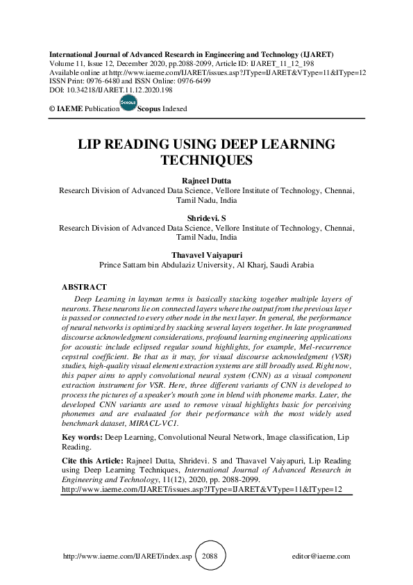 (PDF) LIP READING USING DEEP LEARNING TECHNIQUES