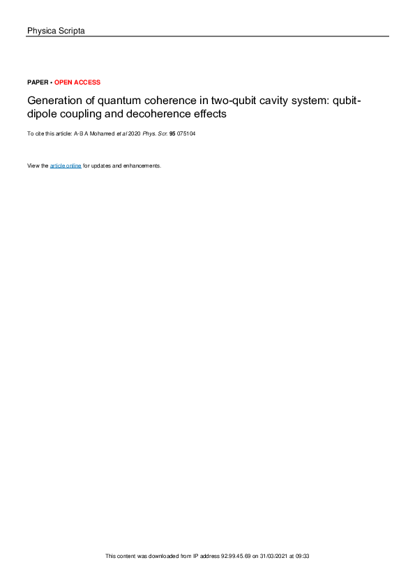 (PDF) Generation of quantum coherence in two-qubit cavity system: qubit- dipole coupling and ...