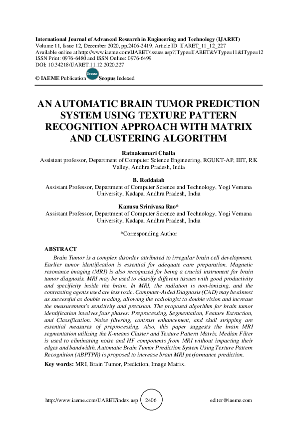 Pdf An Automatic Brain Tumor Prediction System Using Texture Pattern