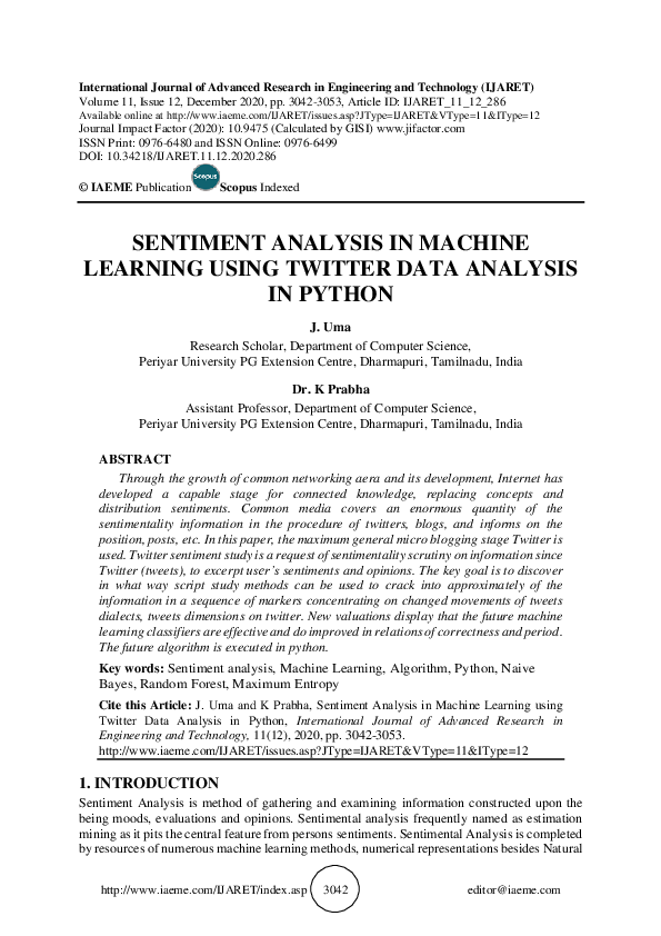 Pdf Sentiment Analysis In Machine Learning Using Twitter Data