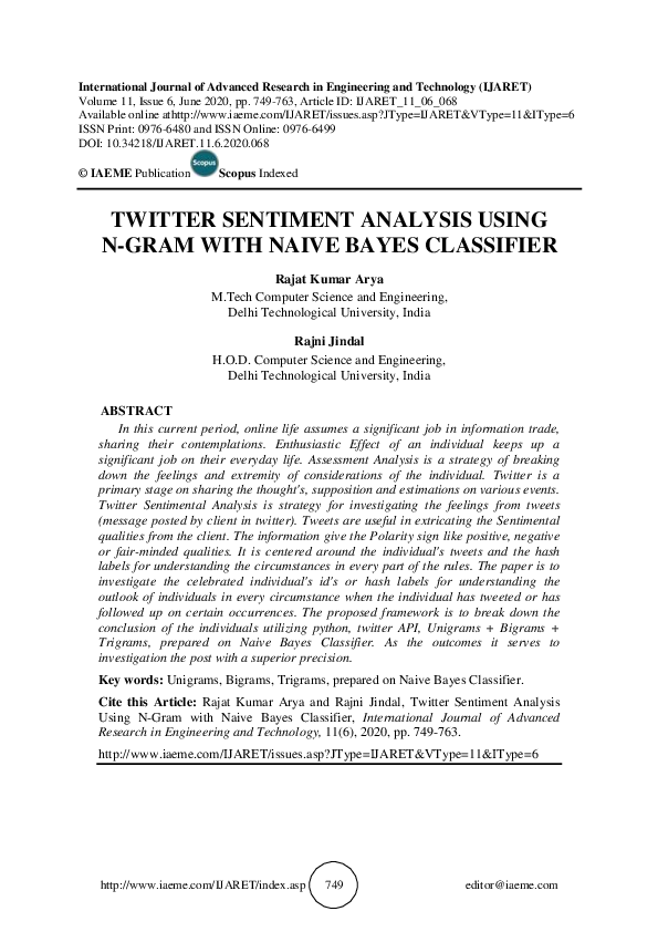 (PDF) TWITTER SENTIMENT ANALYSIS USING N-GRAM WITH NAIVE BAYES CLASSIFIER