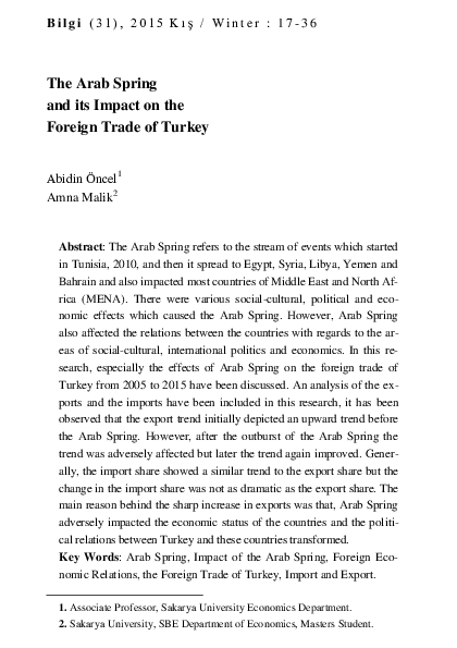 (PDF) The Arab Spring and its Impact on the Foreign Trade of Turkey