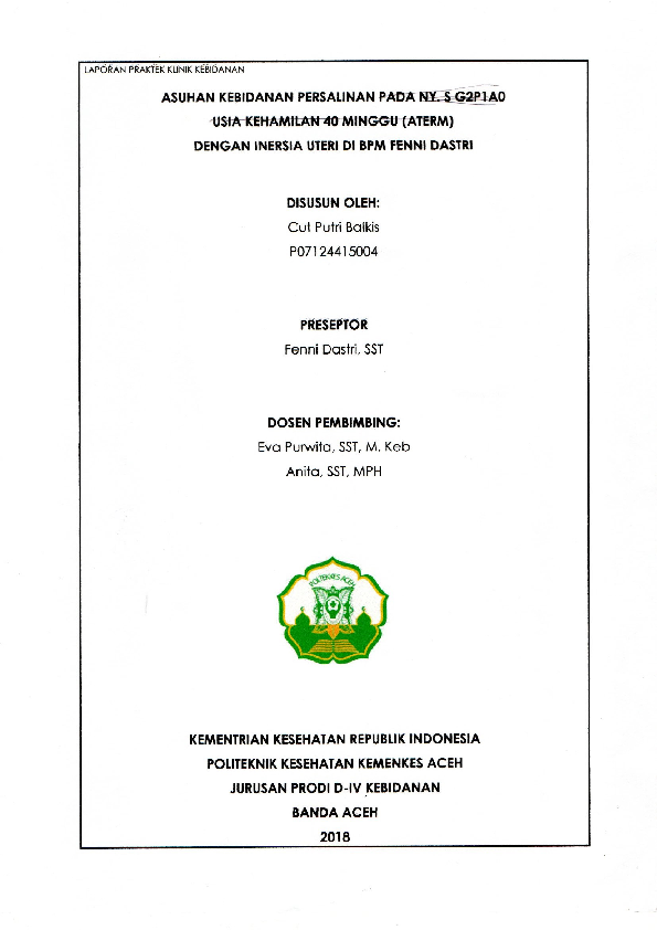 (PDF) Laporan dan SOAP: Asuhan Kebidanan Persalinan dengan Inersia ...