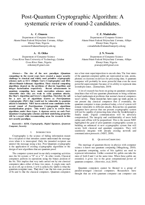 (PDF) Post-Quantum Cryptographic Algorithm: A systematic review of ...
