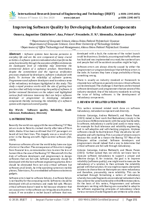 (PDF) Improving Software Quality by Developing Redundant Components