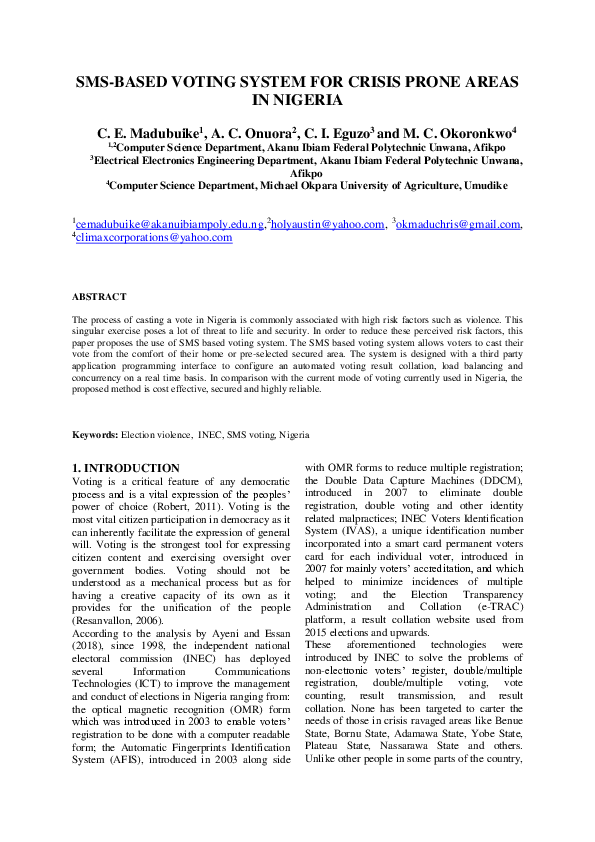 (PDF) SMS-BASED VOTING SYSTEM FOR CRISIS PRONE AREAS IN NIGERIA