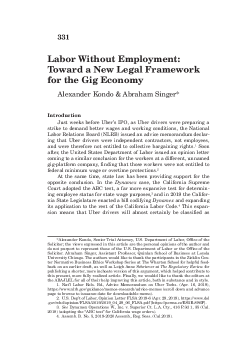 (PDF) Labor Without Employment: Toward a New Legal Framework for the ...