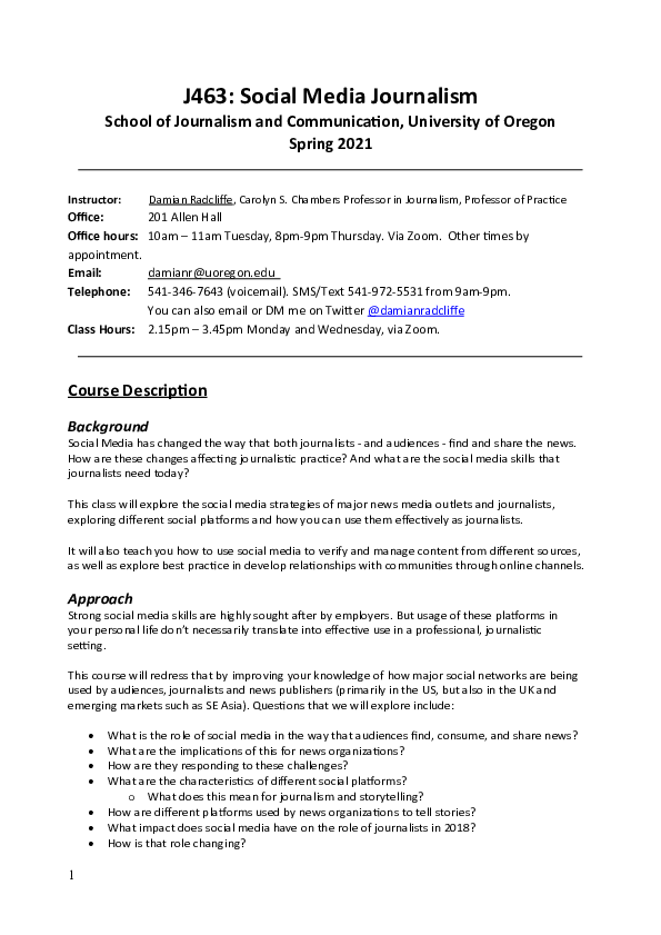 (DOC) Syllabus: Social Media Journalism (Spring 2021)