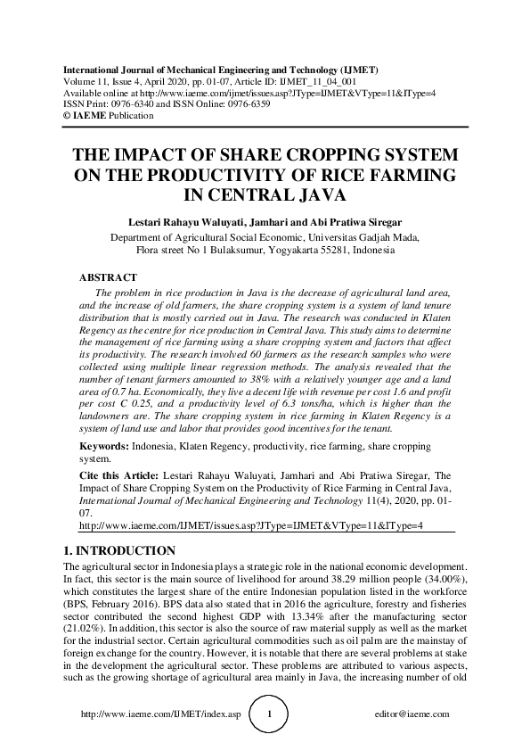 (PDF) THE IMPACT OF SHARE CROPPING SYSTEM ON THE PRODUCTIVITY OF RICE FARMING IN CENTRAL JAVA