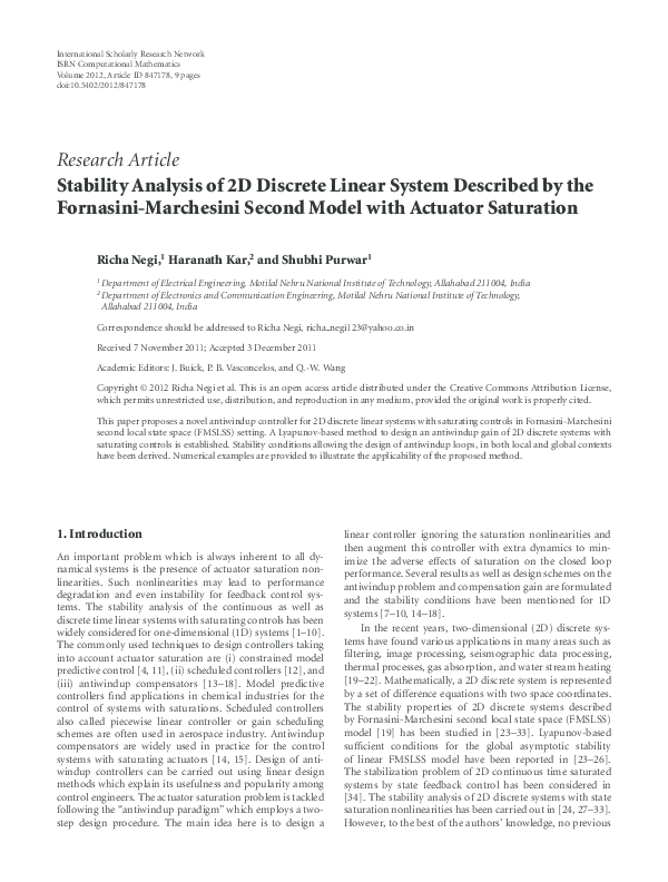 (PDF) Stability Analysis of 2D Discrete Linear System Described by the Fornasini-Marchesini ...