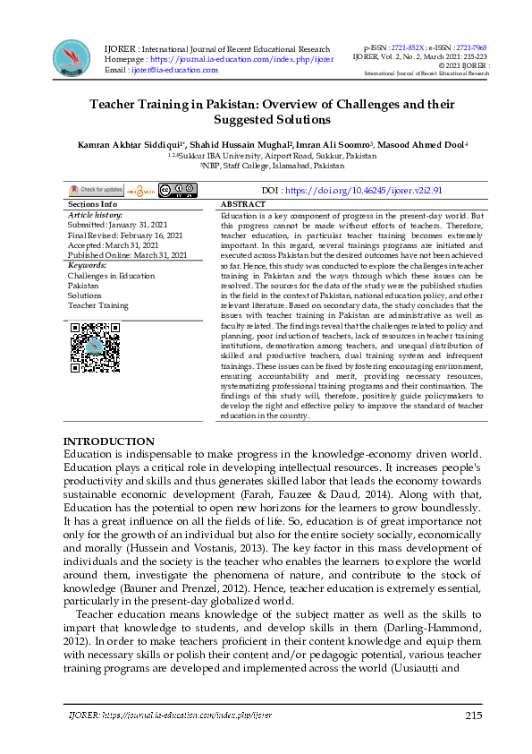 (PDF) Teacher Training in Pakistan: Overview of Challenges and their Suggested Solutions