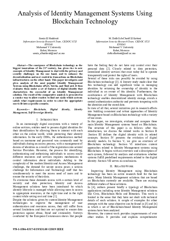 (PDF) Analysis of Identity Management Systems Using Blockchain Technology