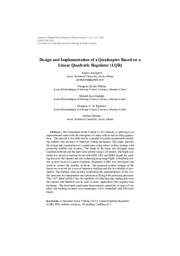 (PDF) Design and Implementation of a Quadcopter Based on a Linear Quadratic Regulator (LQR