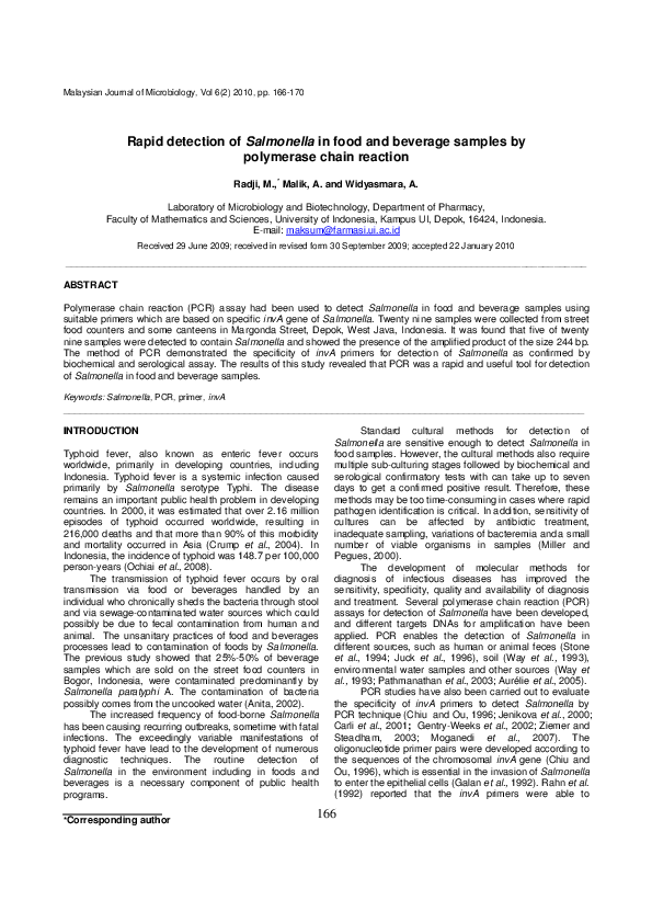 (PDF) Rapid detection of Salmonella in food and beverage samples by ...