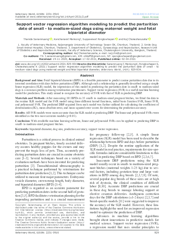 (PDF) Support vector regression algorithm modeling to predict the parturition date of small -to ...