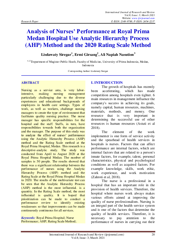 (PDF) Analysis of Nurses' Performance at Royal Prima Medan Hospital Use ...