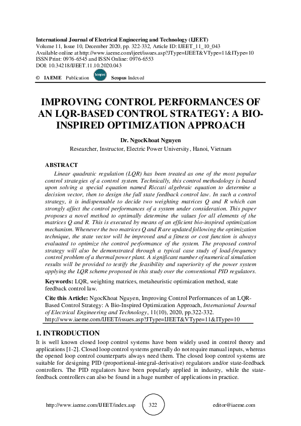 (PDF) IMPROVING CONTROL PERFORMANCES OF AN LQR-BASED CONTROL STRATEGY ...