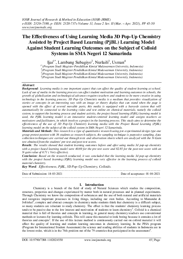 (PDF) The Effectiveness of Using Learning Media 3D Pop-Up Chemistry Assisted by Project Based ...