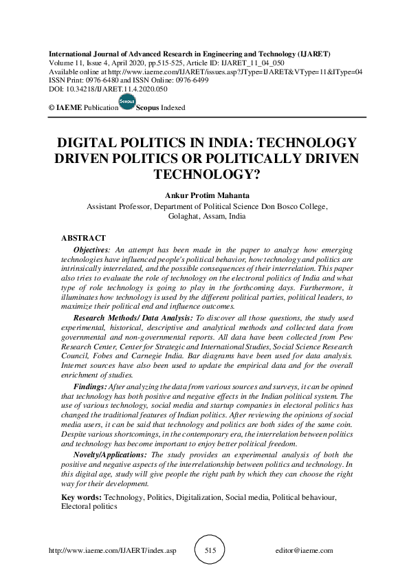 (PDF) DIGITAL POLITICS IN INDIA: TECHNOLOGY DRIVEN POLITICS OR ...