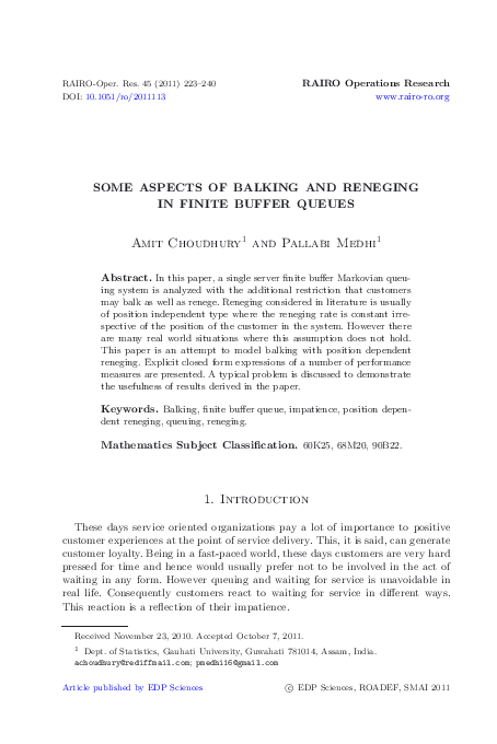 (PDF) SOME ASPECTS OF BALKING AND RENEGING IN FINITE BUFFER QUEUES