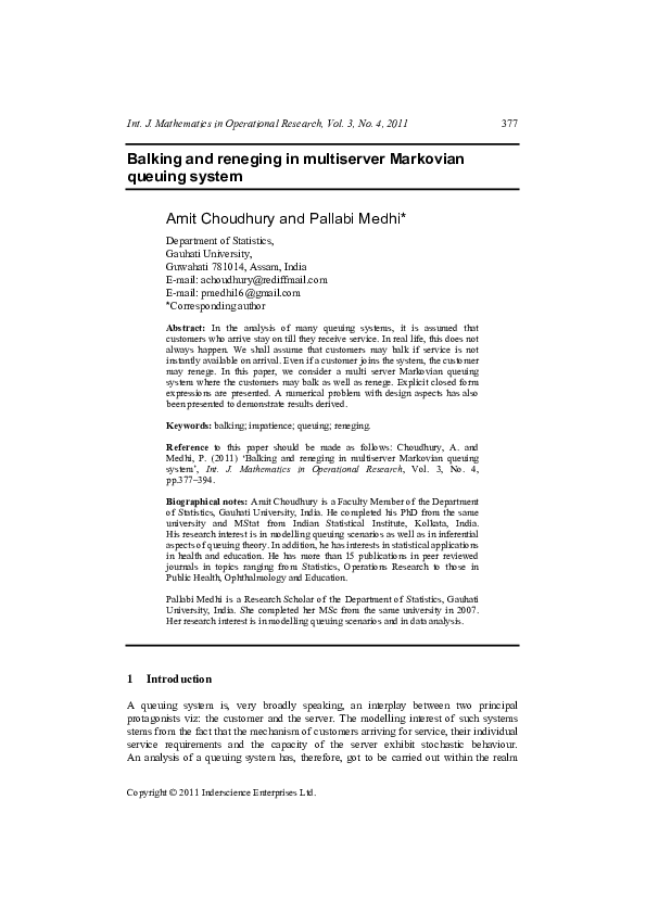 (PDF) Balking and reneging in multiserver Markovian queuing system