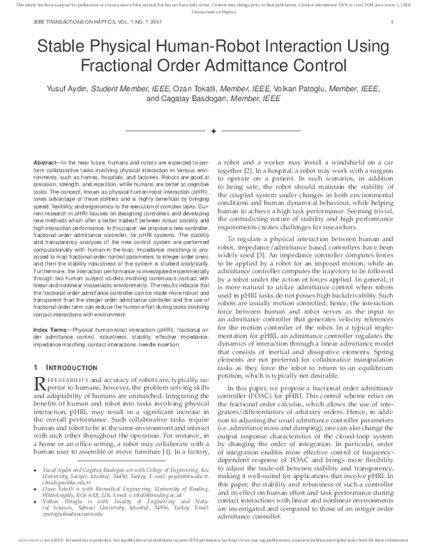 (PDF) Stable Physical Human-Robot Interaction Using Fractional Order Admittance Control