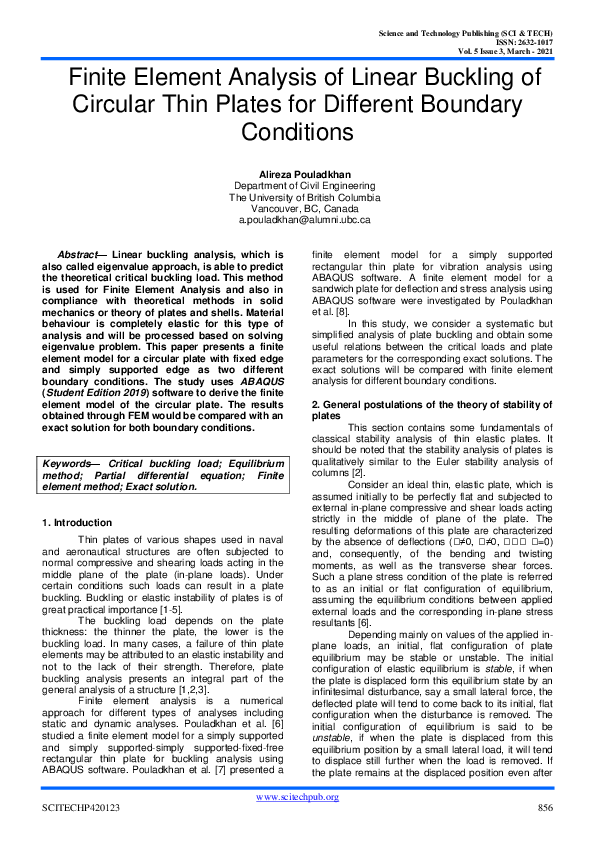 Pdf Finite Element Analysis Of Linear Buckling Of Circular Thin