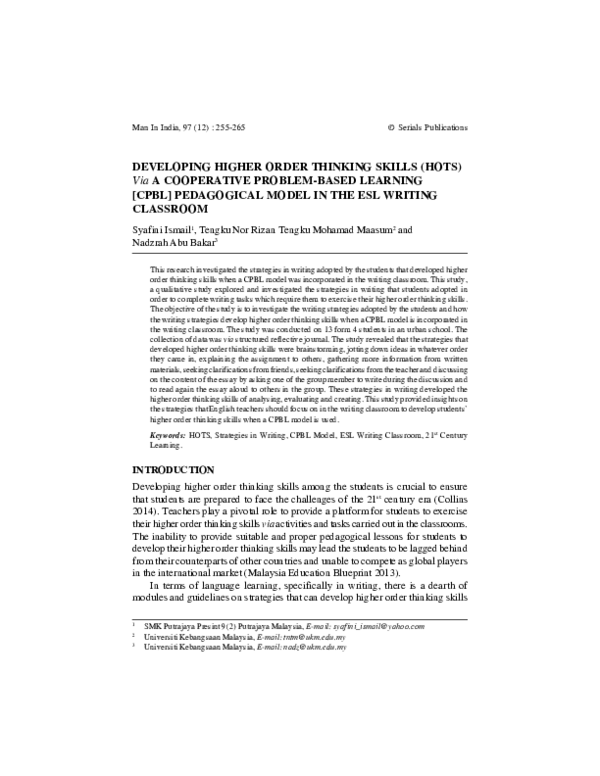 (PDF) DEVELOPING HIGHER ORDER THINKING SKILLS (HOTS) Via A COOPERATIVE PROBLEM-BASED LEARNING ...