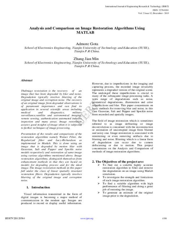 (PDF) Image Restoration Algorithm Comparison in MATLAB
