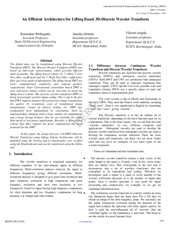Pdf Ijert An Efficient Architecture For Lifting Based 3d Discrete Wavelet Transform