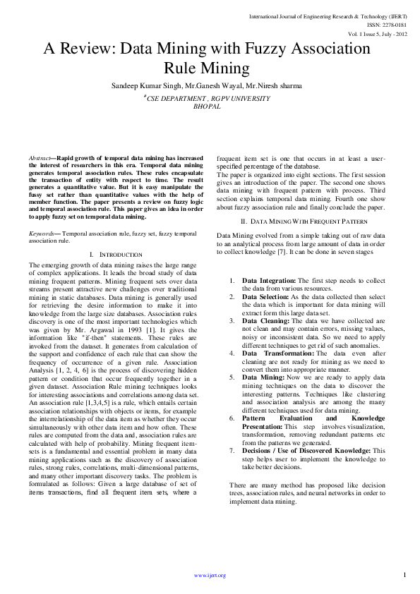 Pdf Ijert A Review Data Mining With Fuzzy Association Rule Mining