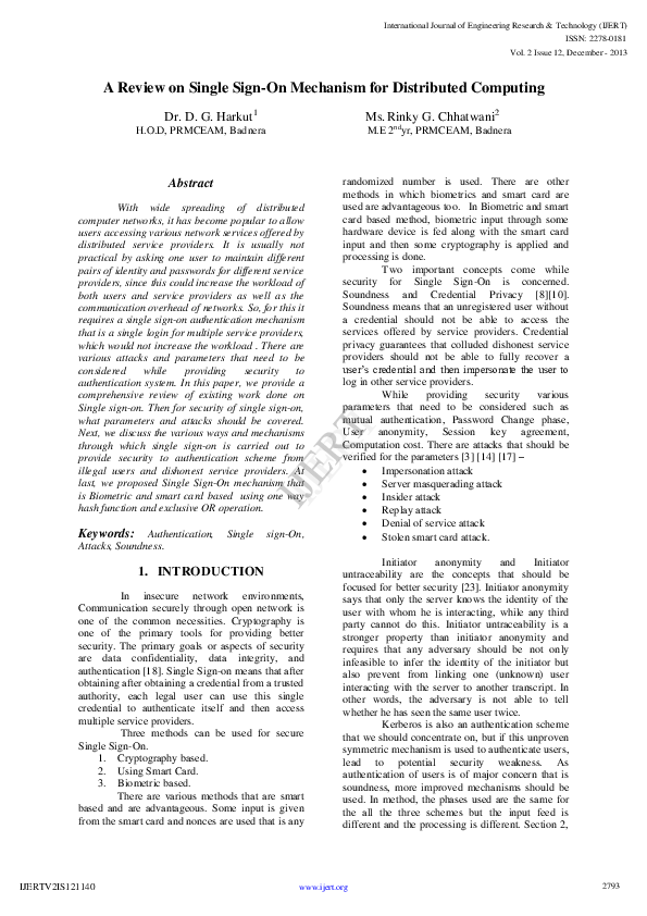 (PDF) IJERT-A Review on Single Sign-On Mechanism for Distributed Computing