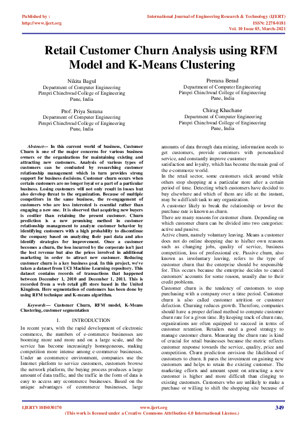 Pdf Ijert Retail Customer Churn Analysis Using Rfm Model And K Means Clustering Ijert