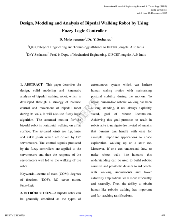 (PDF) IJERT-Design, Modeling and Analysis of Bipedal Walking Robot by Using Fuzzy Logic Controller